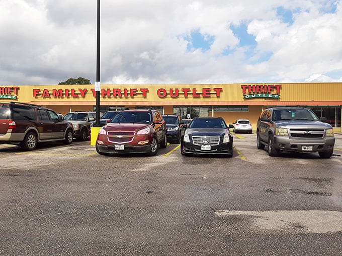 The iconic red lettering of Family Thrift Center Outlet stands bold against the Houston sky, like a beacon calling all treasure hunters to adventure.