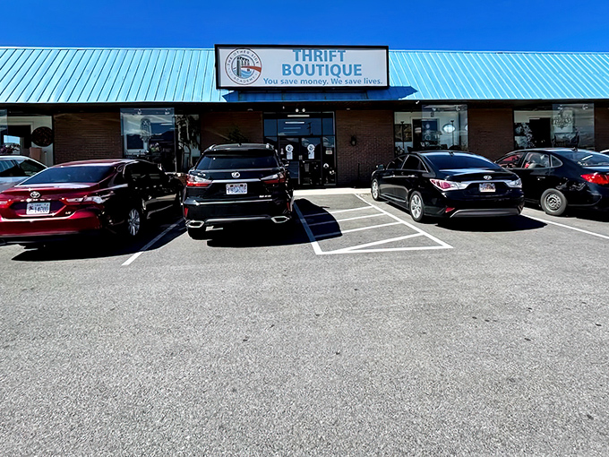 The iconic blue roof of The Other Side Thrift Boutique stands out like a beacon for treasure hunters across Salt Lake City.