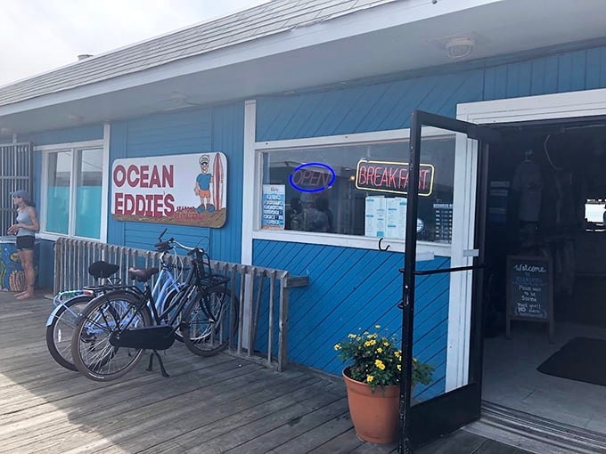The cheerful blue exterior of Ocean Eddies welcomes seafood lovers like a maritime hug, complete with bicycles parked outside&mdash;transportation for locals who know where the good stuff is.