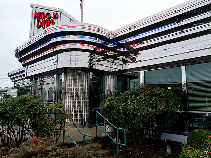 The gleaming stainless steel exterior of Metro 29 Diner stands like a time capsule from the golden age of American dining, complete with that unmistakable retro charm.