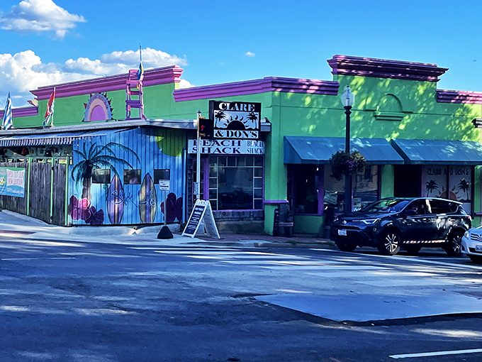 The lime green and hot pink exterior of Clare & Don's Beach Shack stands out like a tropical bird in Falls Church. Florida vacation vibes crash-landed on Virginia soil!