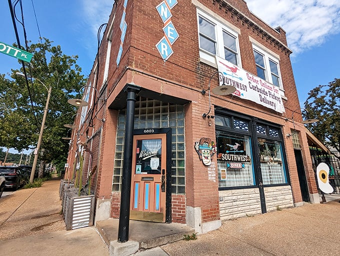 The corner brick building with its vintage "DINER" sign promises Southwestern treasure in the heart of St. Louis. A culinary oasis hiding in plain sight.