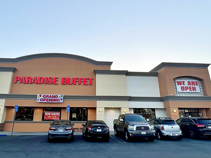 The bright red "PARADISE BUFFET" sign isn't just advertising &ndash; it's a beacon calling to hungry souls across Montebello like a culinary lighthouse.