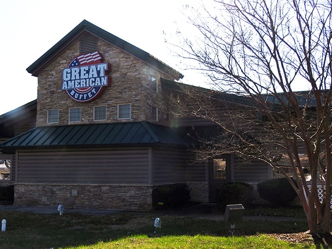 The Great American promise! This roadside beacon in Fredericksburg beckons hungry travelers with the siren song of "All You Can Eat Sirloin Steaks."