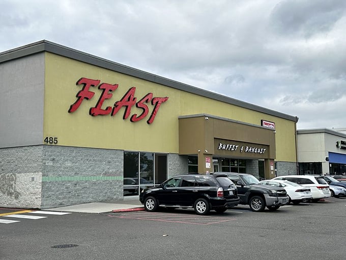The unassuming exterior of Feast Buffet hides a culinary treasure trove within. Like finding diamonds in a strip mall setting. 