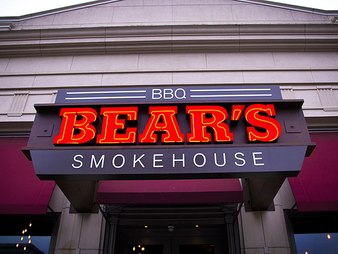 The glowing red sign of Bear's Smokehouse beckons like a barbecue lighthouse, guiding hungry souls through downtown Hartford to smoky salvation.