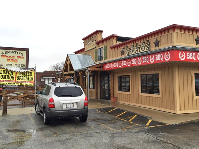The golden facade of Gemato's stands like a beacon of barbecue hope on an ordinary suburban street. No fancy frills, just the promise of smoky delights within.