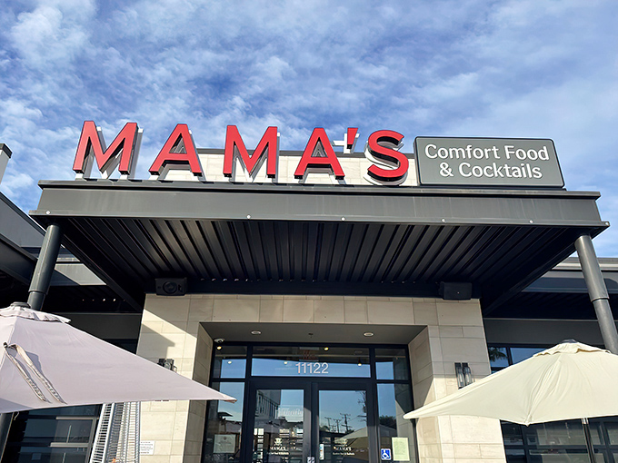 The bright red Mama's sign beckons like a lighthouse for hungry souls. Those wooden benches outside aren't just seating&mdash;they're the waiting room for breakfast nirvana.