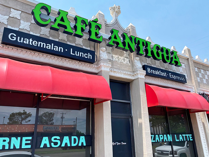 The bright green lettering of Cafe Antigua stands out against Oklahoma's sky like a beacon calling all hungry travelers home.