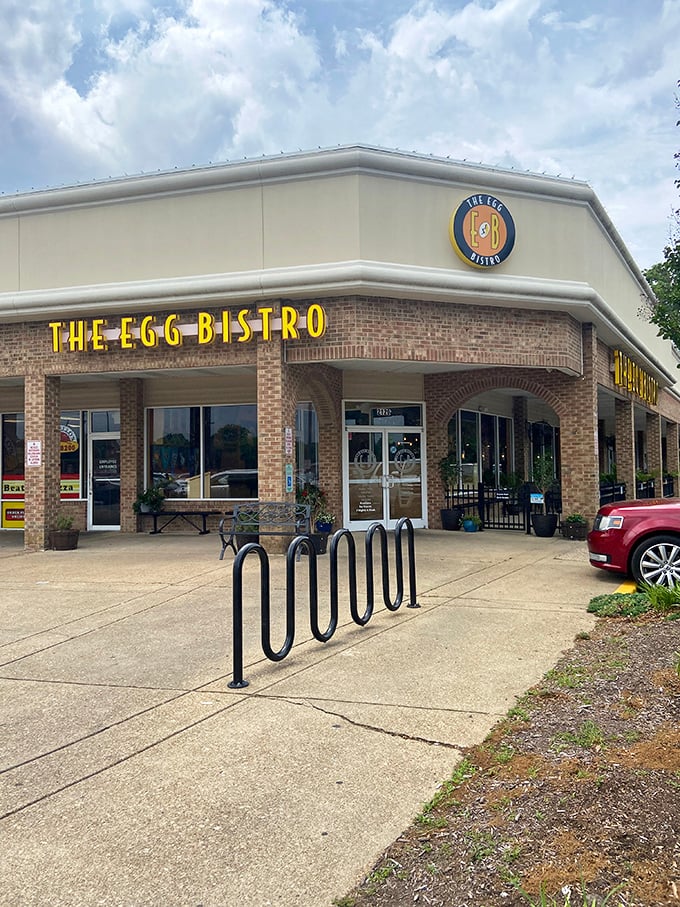 The unassuming storefront that houses breakfast nirvana. Like finding a treasure chest in a strip mall, The Egg Bistro's yellow sign beckons hungry travelers.
