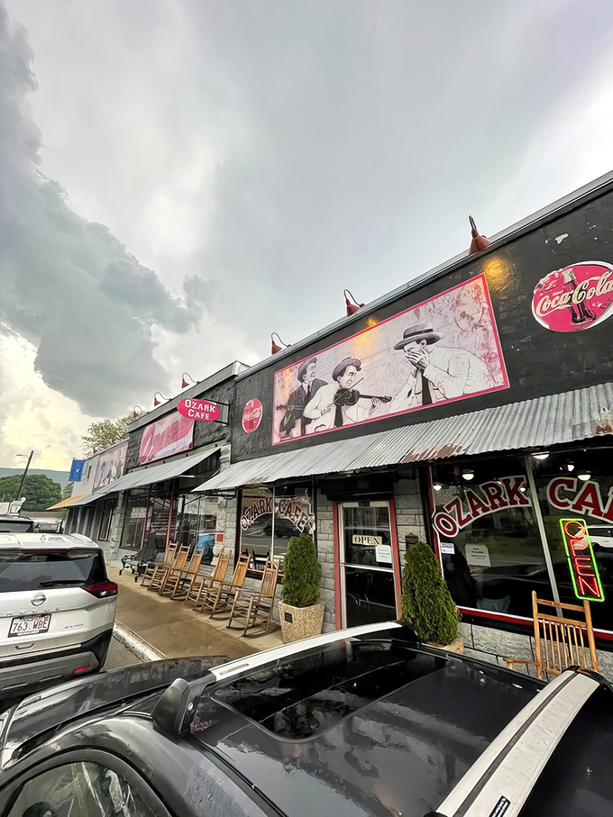 The stone facade of Ozark Cafe stands proudly in Jasper, a time capsule of Americana where breakfast dreams come true since 1909.