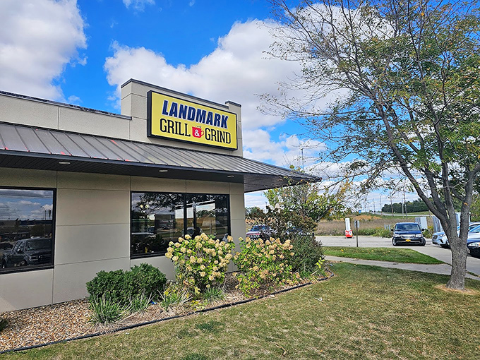 The unassuming exterior of Landmark Grill & Grind stands like a beacon of breakfast hope amid Iowa's rolling landscape. Worth every mile of the journey.