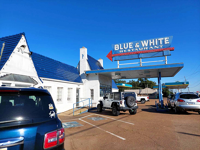 The iconic Blue & White sign beckons hungry travelers like a beacon of hope. This former gas station has fueled Mississippi bellies longer than most cars on its lot.