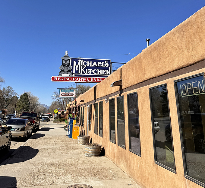 Adobe charm meets culinary delight at Michael's Kitchen, where Taos' blue skies provide the perfect backdrop for breakfast adventures ahead. 