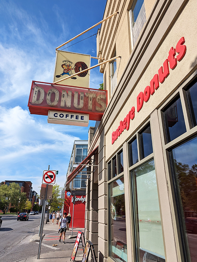 The iconic red awnings and vintage signage of Buckeye Donuts stand as a beacon of breakfast hope on Columbus' High Street. A true Ohio landmark.