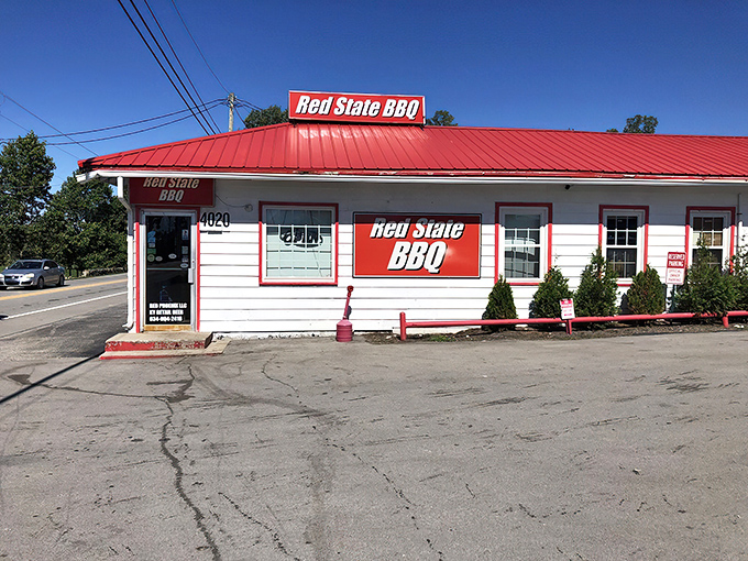 The unassuming white building with bold red trim stands like a beacon of barbecue hope on Georgetown Road. Smoke signals of deliciousness await inside.