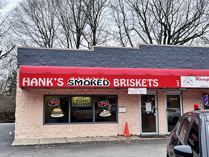 The unassuming pink building with its bright red awning is like a barbecue beacon in Indianapolis. No frills, just thrills for your taste buds.