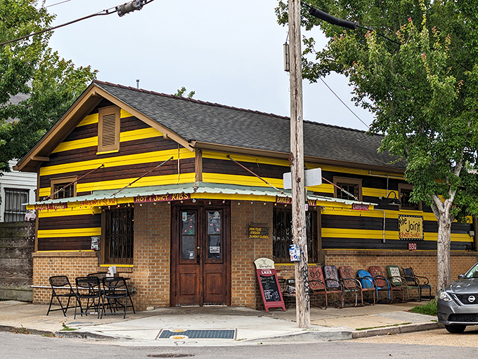 The unmistakable yellow and black striped exterior of The Joint beckons like a barbecue lighthouse in New Orleans' Bywater neighborhood.