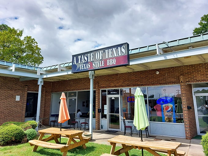 The unassuming storefront that houses barbecue magic. Like finding a diamond in a strip mall, A Taste of Texas quietly beckons hungry travelers.