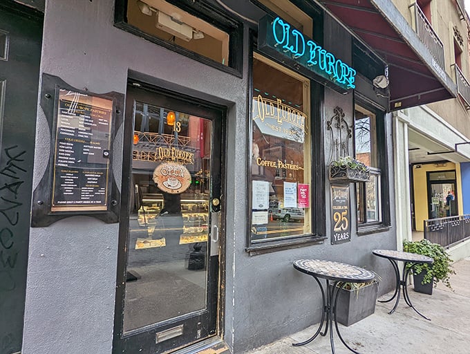 The blue neon glow of Old Europe's storefront beckons like a lighthouse for sugar-seekers in downtown Asheville. A quarter-century of sweet tradition awaits inside.
