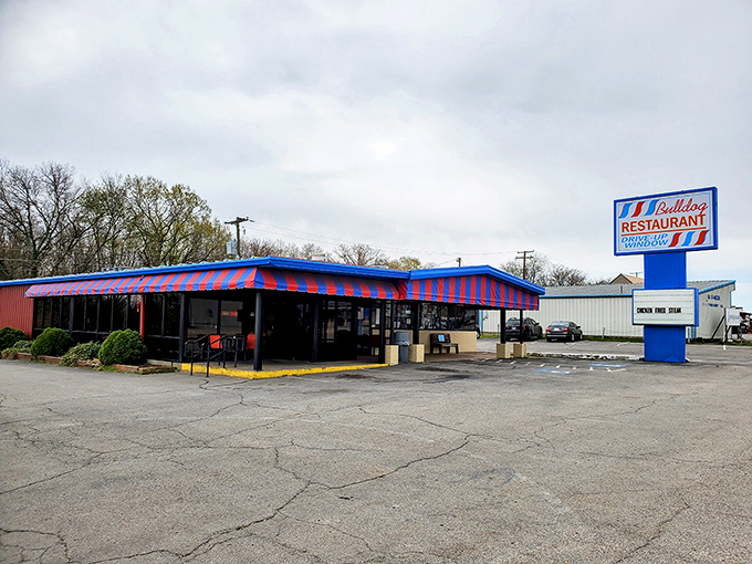 The red and blue striped awning of Bulldog Restaurant stands like a culinary lighthouse on Highway 167, beckoning hungry travelers with its no-nonsense charm.