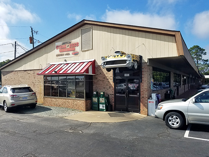 The vintage car bursting from the entrance says it all &ndash; this isn't just breakfast, it's a full-throttle Southern Pines experience. 