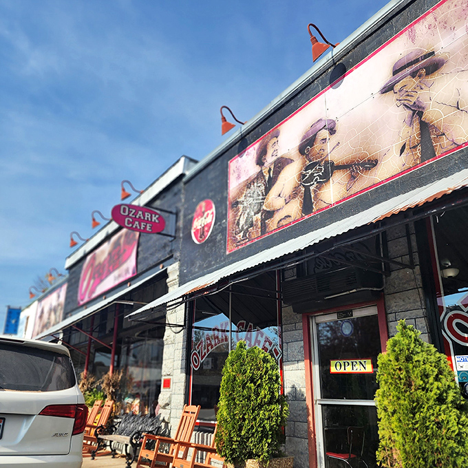 The stone facade of Ozark Cafe stands proudly in Jasper, a time capsule of Americana where breakfast dreams come true since 1909.