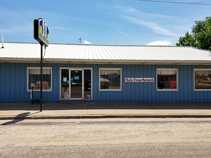 The blue exterior of Made From Scratch stands like a beacon of breakfast hope on Wilson's main drag. No fancy frills, just honest food awaiting inside.