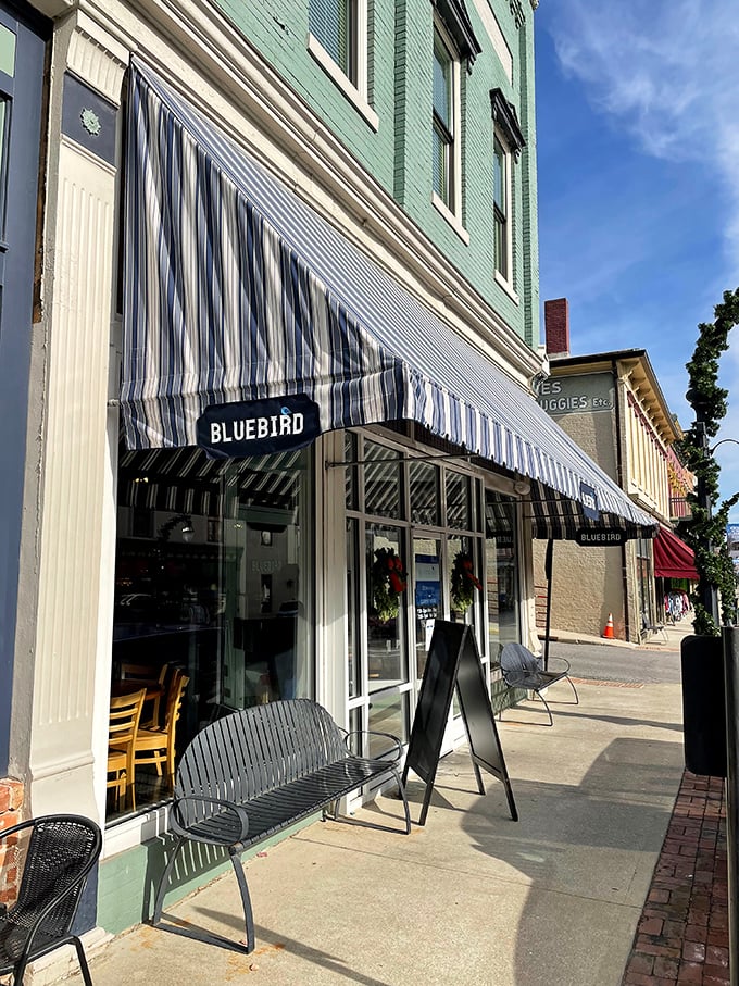 
The historic mint-green facade of The Bluebird stands proudly on Stanford's Main Street, a beacon of breakfast bliss waiting to be discovered.