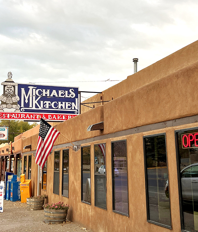 Adobe charm meets culinary delight at Michael's Kitchen, where Taos' blue skies provide the perfect backdrop for breakfast adventures ahead.