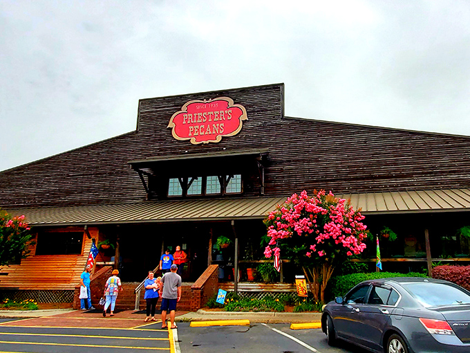 The rustic charm of Priester's Pecans welcomes travelers like a Southern hug, its iconic red sign promising sweet salvation just off I-65.