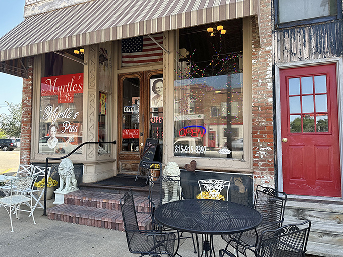 The storefront that launched a thousand pie pilgrimages. Myrtle's charming exterior with its striped awning promises sweet treasures within.