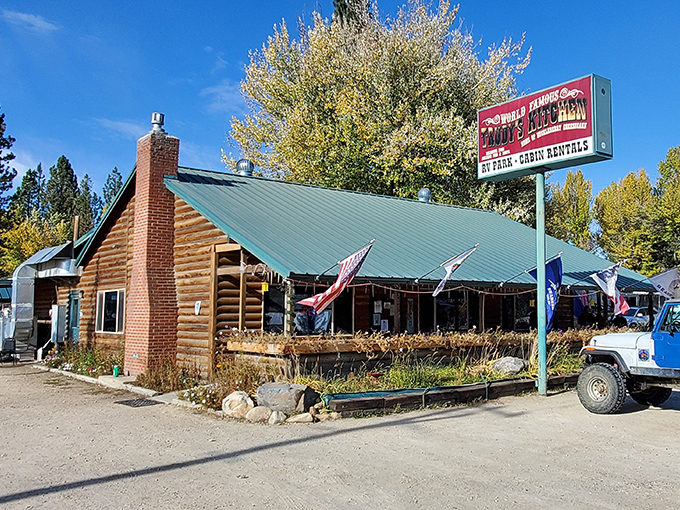 The log cabin exterior of Trudy's Kitchen stands like a delicious mirage in Idaho City, promising comfort food treasures within those timber walls.