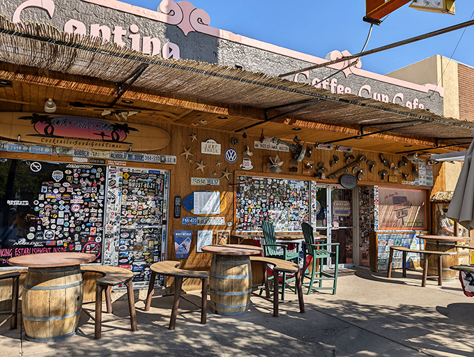 The iconic red sign beckons like a lighthouse for hungry travelers. This unassuming storefront on Nevada Way houses breakfast magic worth the detour.