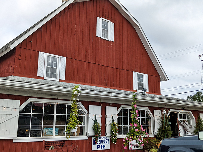 The iconic red barn exterior stands proudly against the blue Jersey sky, surrounded by colorful flowers that practically scream "Come eat something delicious inside!"