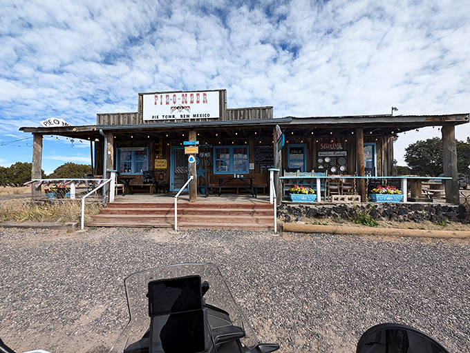 The weathered wooden facade of Pie-O-Neer stands like a delicious mirage in the New Mexico desert, promising sweet salvation to weary travelers.