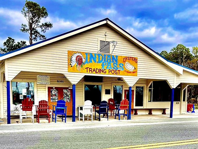 The unassuming exterior of Indian Pass Raw Bar stands as a testament that the best seafood often comes from places without valet parking.