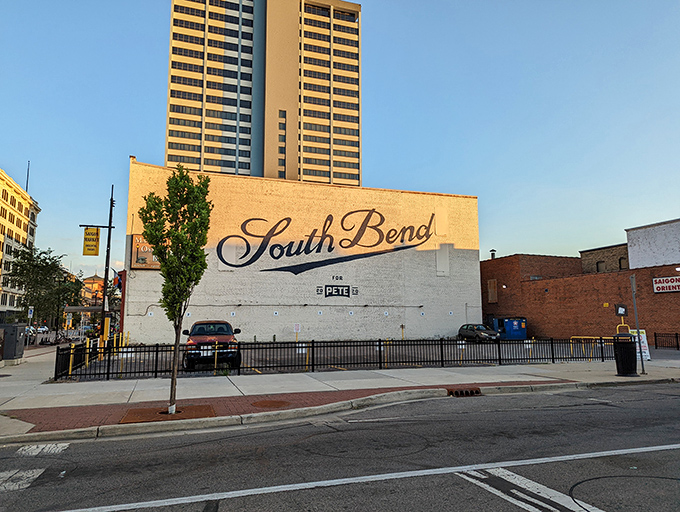 The Madison Oyster Bar stands proudly against South Bend's skyline, a brick beacon of seafood salvation in the heart of Notre Dame country.