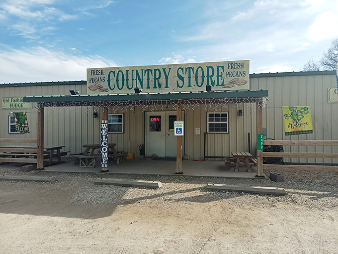 A slice of Americana greets you with that weathered wooden sign and American flag. The kind of place where "fresh pecans" isn't just advertising&mdash;it's a solemn promise.
