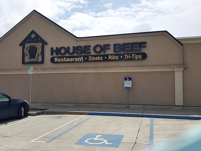 The unassuming exterior of House of Beef stands like a carnivore's oasis in Oakdale, promising meaty treasures within those modest walls.