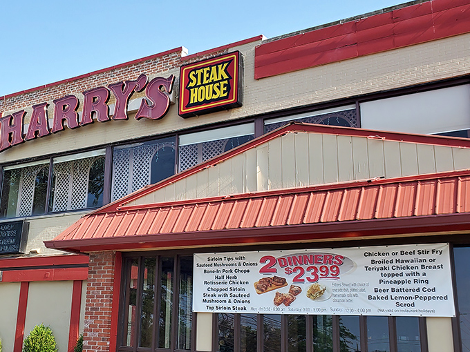 Harry's bold red signage stands like a beacon for hungry travelers, promising steak salvation in an unassuming strip mall setting.