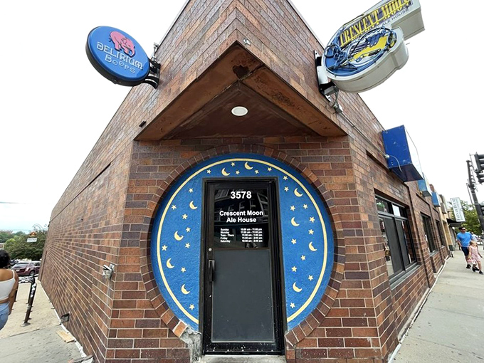 The iconic blue crescent moon entrance beckons like a portal to comfort food nirvana. Brick, beer, and the promise of Nebraska's best Reuben await.