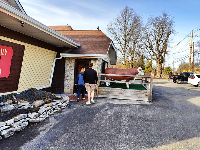 The unassuming exterior of Bynum's, complete with a life-sized cow statue, is like finding a treasure map where X marks the spot for carnivores.
