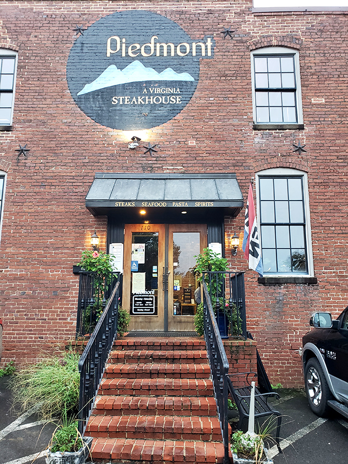 The historic brick facade of Piedmont Steakhouse stands as a testament to Kansas culinary heritage, promising hearty meals within its unassuming walls.