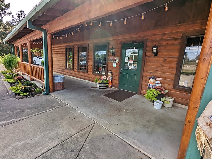 The rustic log cabin exterior invites you in with its homey charm, string lights, and green door&mdash;like a woodland retreat that happens to serve incredible steaks.