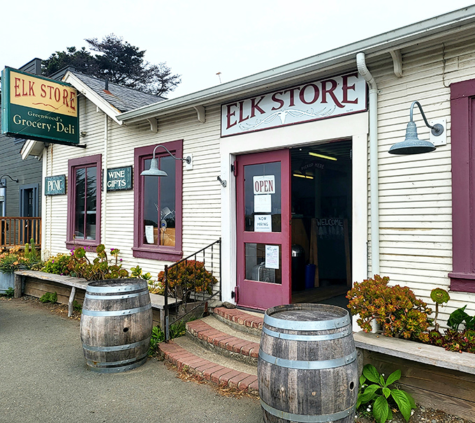 The white clapboard exterior of Elk Store stands like a culinary lighthouse on the Mendocino coast, complete with rustic wine barrels that practically whisper "good things inside."