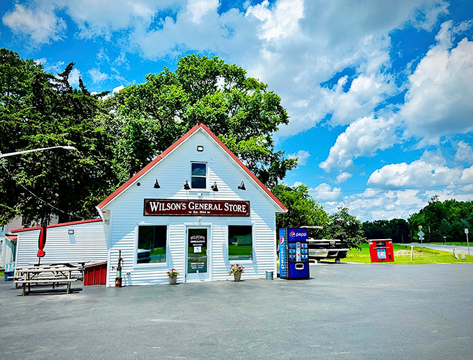 The classic white clapboard exterior of Wilson's General Store stands proudly against a blue Delaware sky, promising culinary treasures within those humble walls.