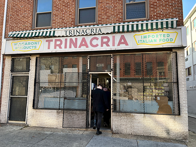 The unassuming storefront of Trinacria, where that vintage "MACARONI PRODUCTS" sign has been guiding hungry Baltimoreans to sandwich nirvana since 1908.