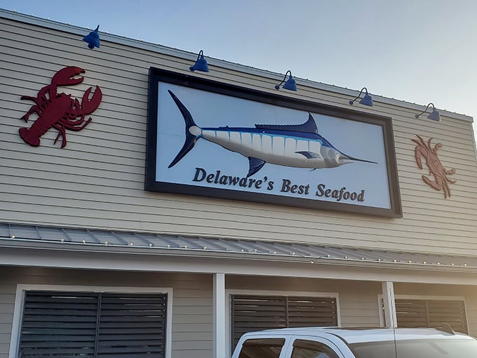 The iconic blue and white checkered sign welcomes hungry pilgrims to Delaware's seafood mecca. Like a lighthouse for the famished, it beckons from Route 1.