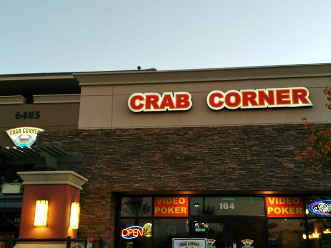 The desert mirage is real! Crab Corner's stone facade and bright red signage stands out like a seafood lighthouse beckoning hungry Nevadans home.